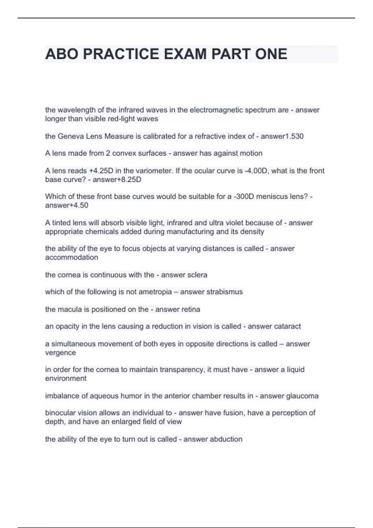 ABO PRACTICE EXAM PART ONE QUESTIONS WITH CORRECT ANSWERS 2024 - ABO ...