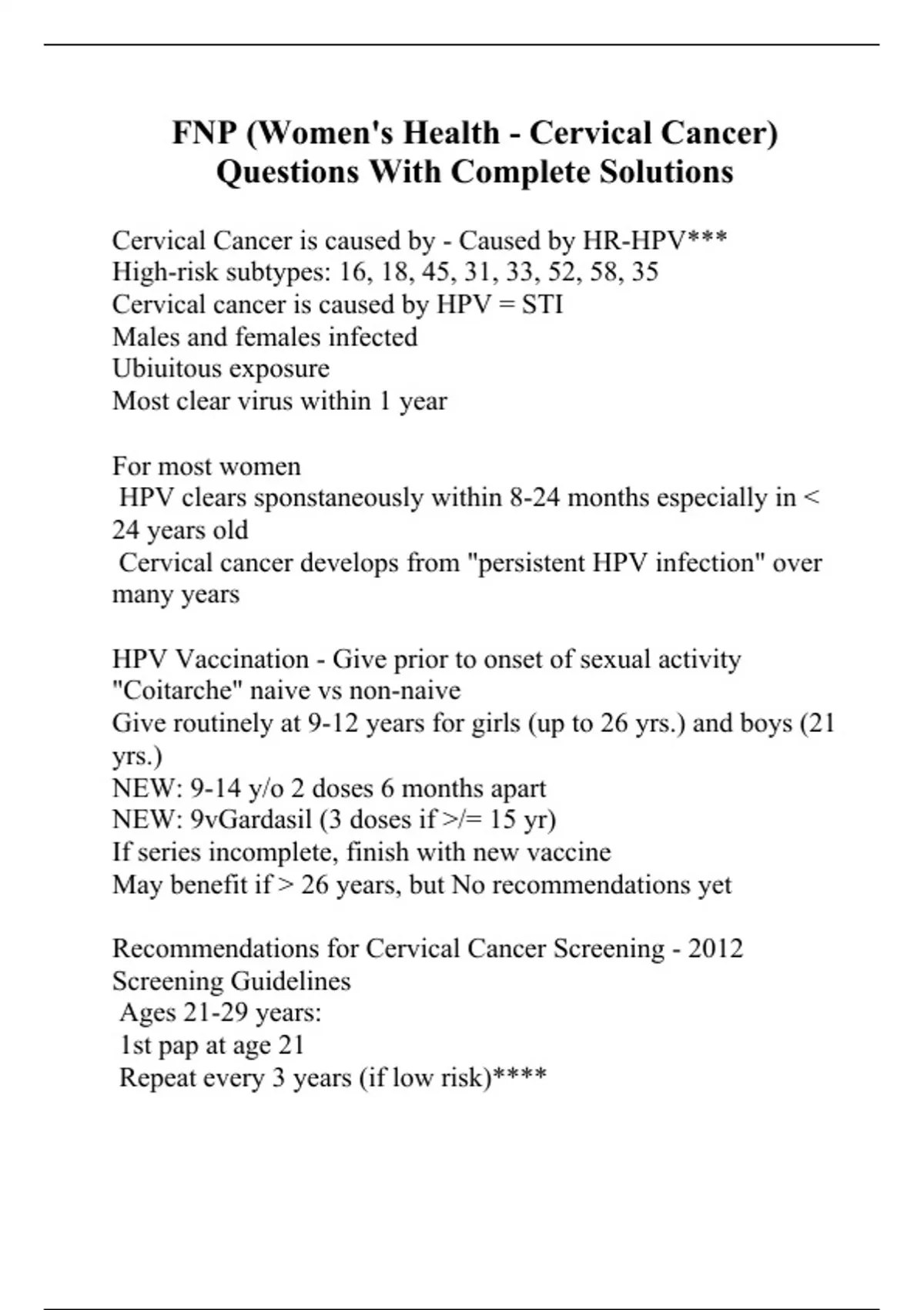 FNP (Women's Health - Cervical Cancer) Questions With Complete ...
