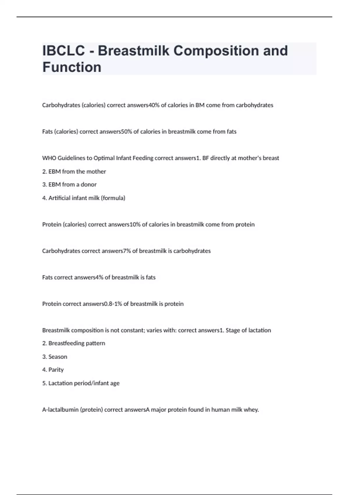 IBCLC - Breastmilk Composition and Function exam 2024 with 100% complete solutions - IBCLC ...