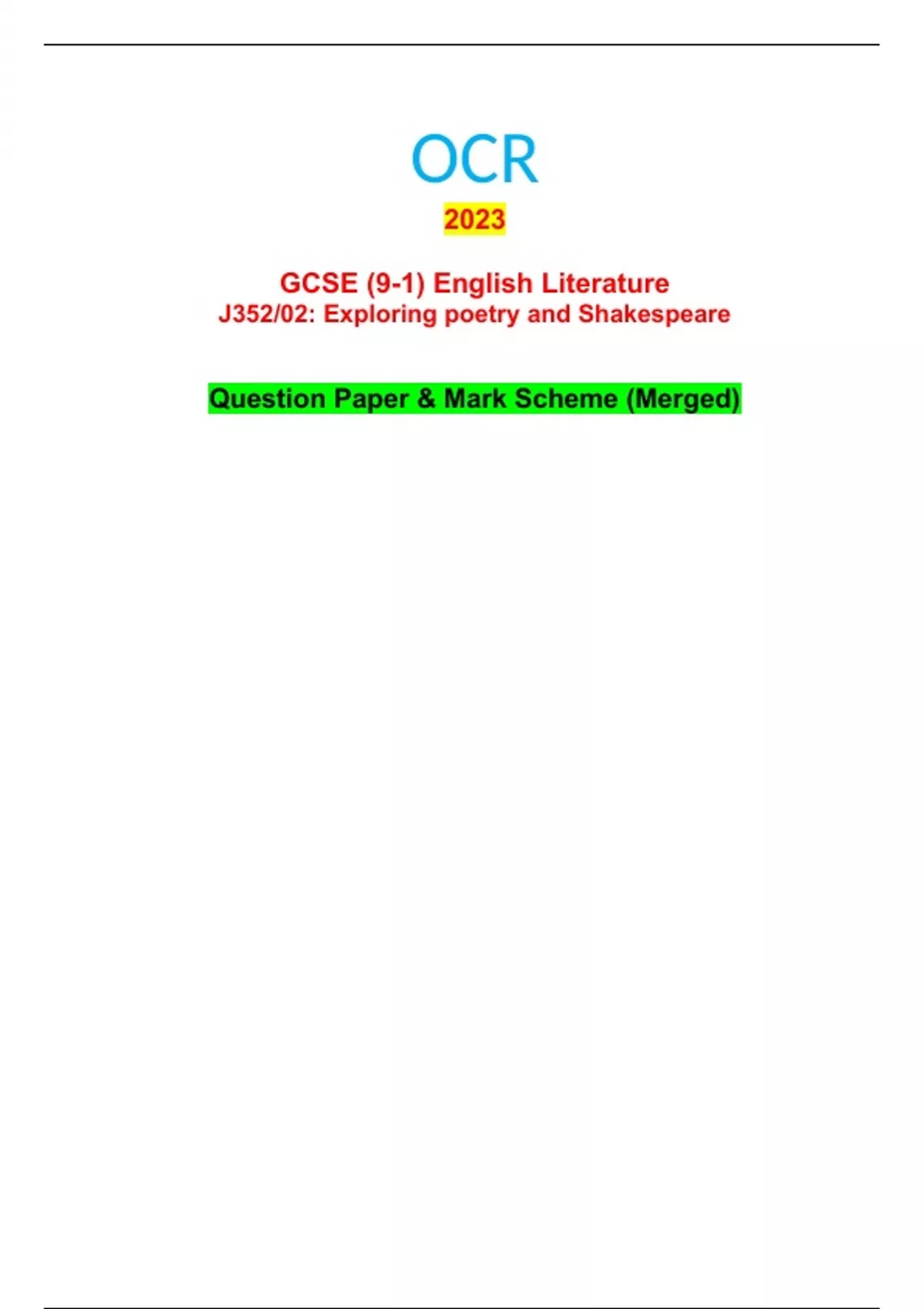 OCR 2023 GCSE (9-1) English Literature J352/02: Exploring poetry and Shakespeare - Official OCR ...