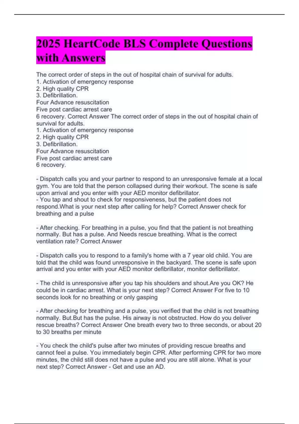 2025 HeartCode BLS Complete Questions with Answers - 2025 HeartCode BLS ...