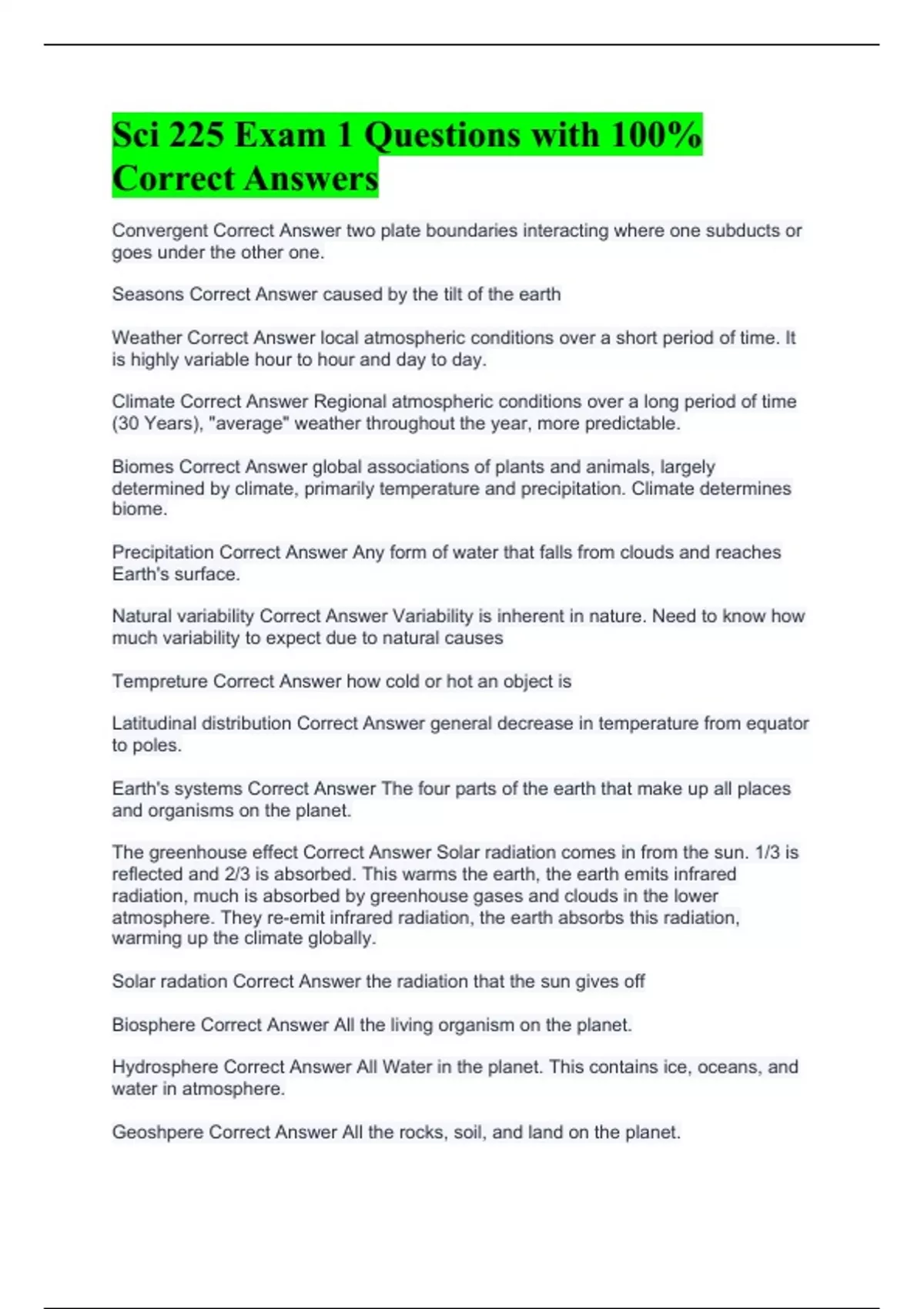 Sci 225 Exam 1 Questions with 100% Correct Answers - Sci 225 - Stuvia US