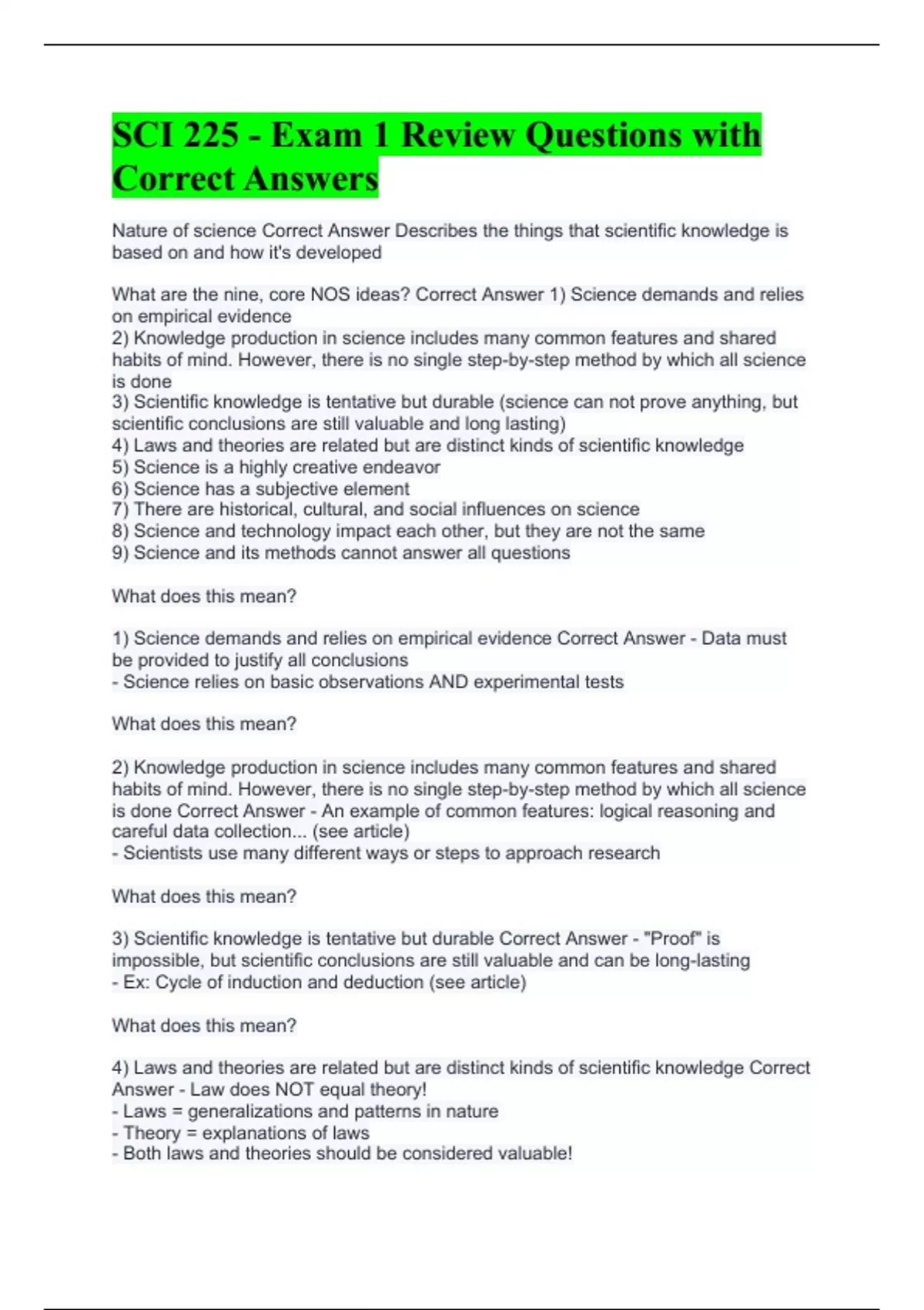 SCI 225 - Exam 1 Review Questions with Correct Answers - SCI 225 ...