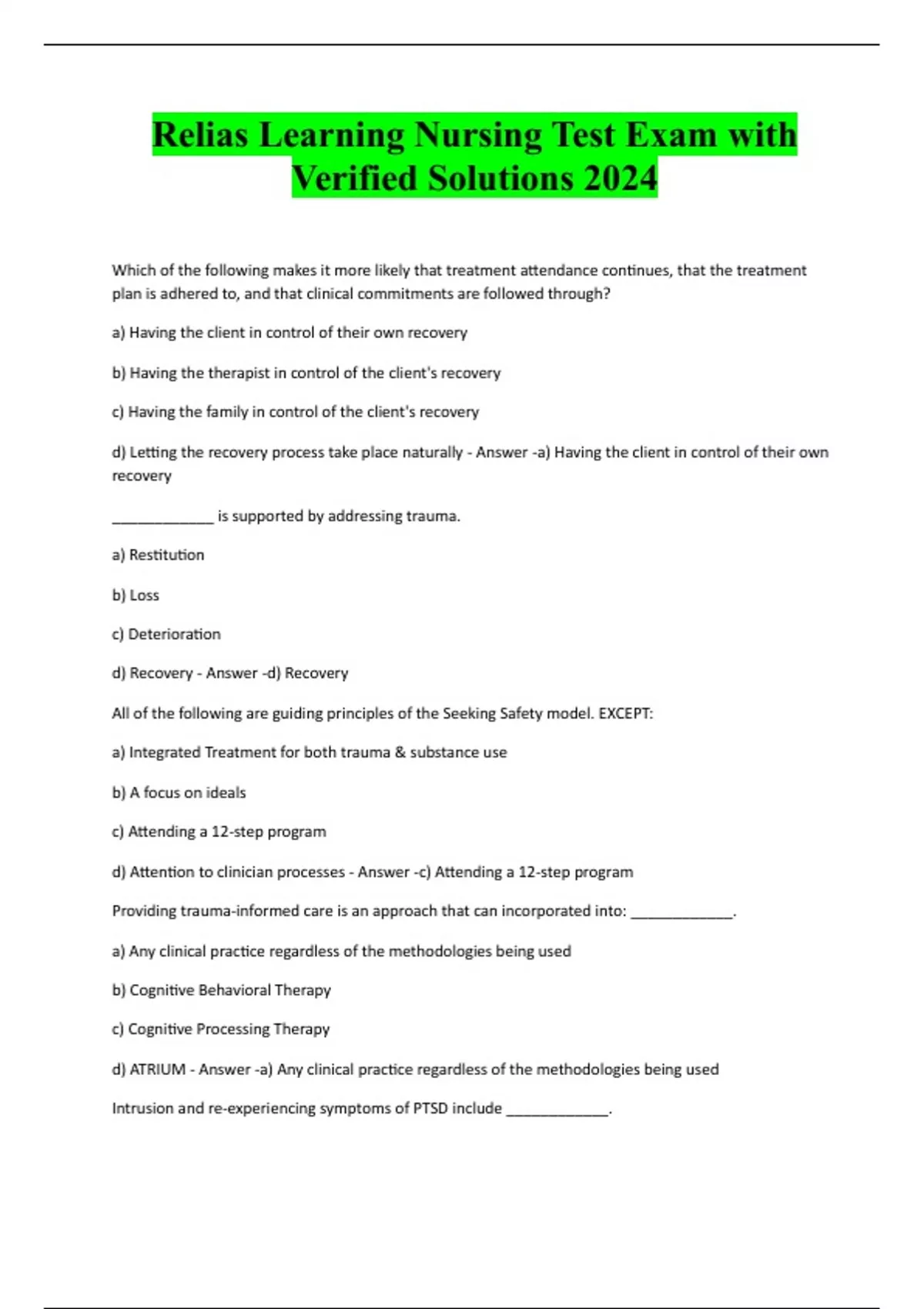 Relias Learning Nursing Test Exam with Verified Solutions 2024 - RN ...