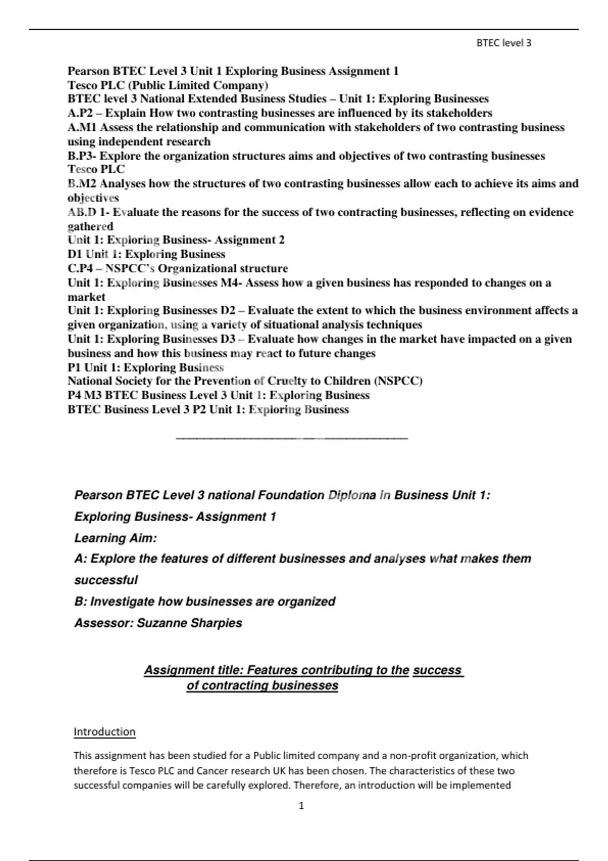 Summary Btec Business Level 3 Unit 1 Exploring Businesses Distinction Pearson Stuvia Us