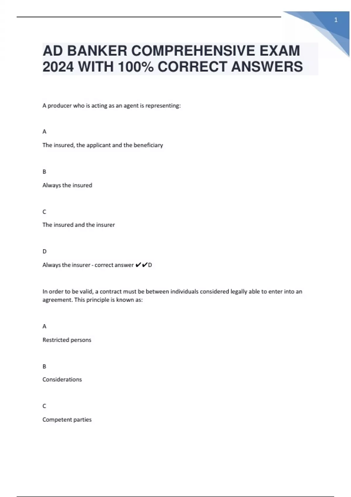 AD BANKER COMPREHENSIVE EXAM 2024 WITH 100% CORRECT ANSWERS GRADED A+ ...