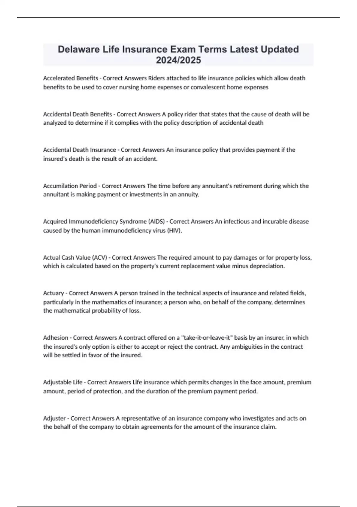 Delaware Life Producer Exam Questions with Correct Answers 100% Already ...