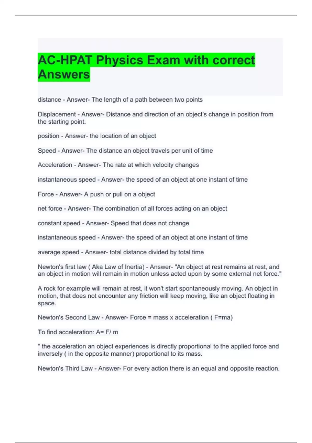 AC-HPAT Physics Exam with correct Answers 2024- Graded A - AC-HPAT ...