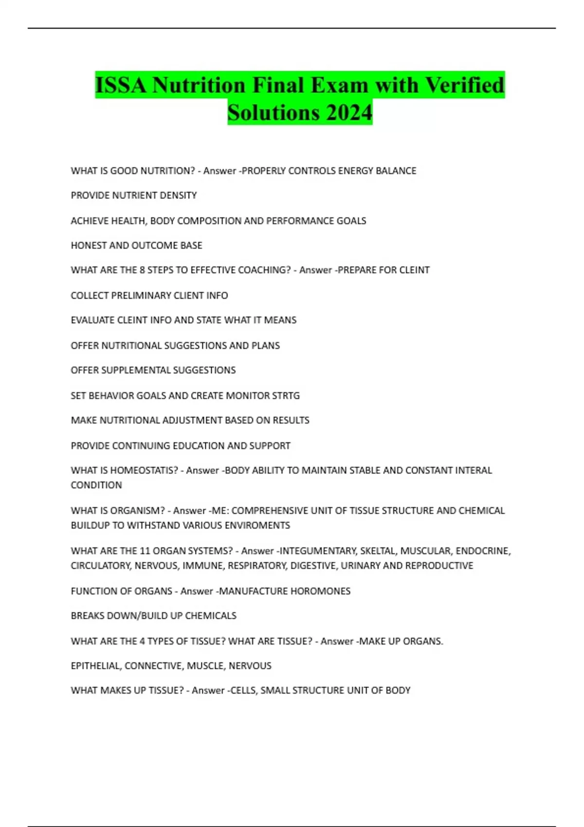 ISSA NUTRITION FINAL EXAM ACTUAL 2025/2026 QUESTIONS AND 100% CORRECT ...