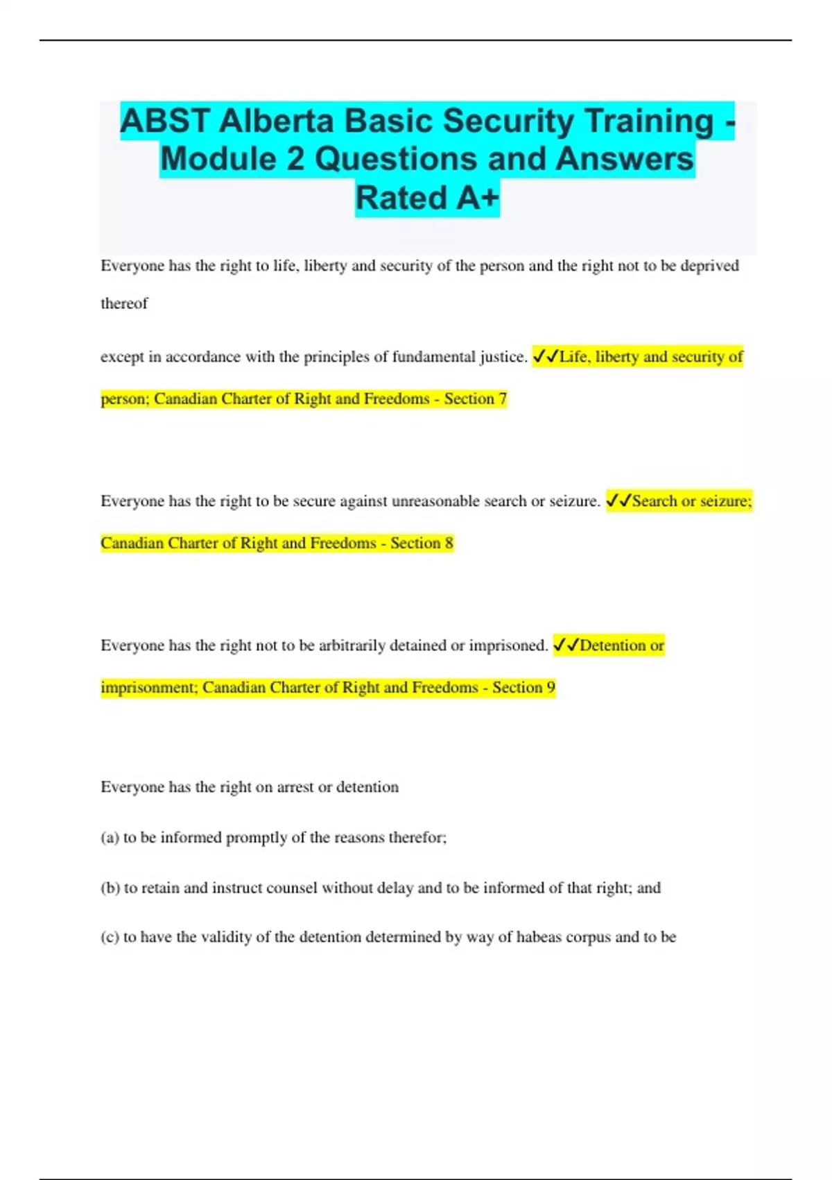ABST Alberta Basic Security Training - Module 2 Questions and Answers Rated A+ - ABST Alberta ...