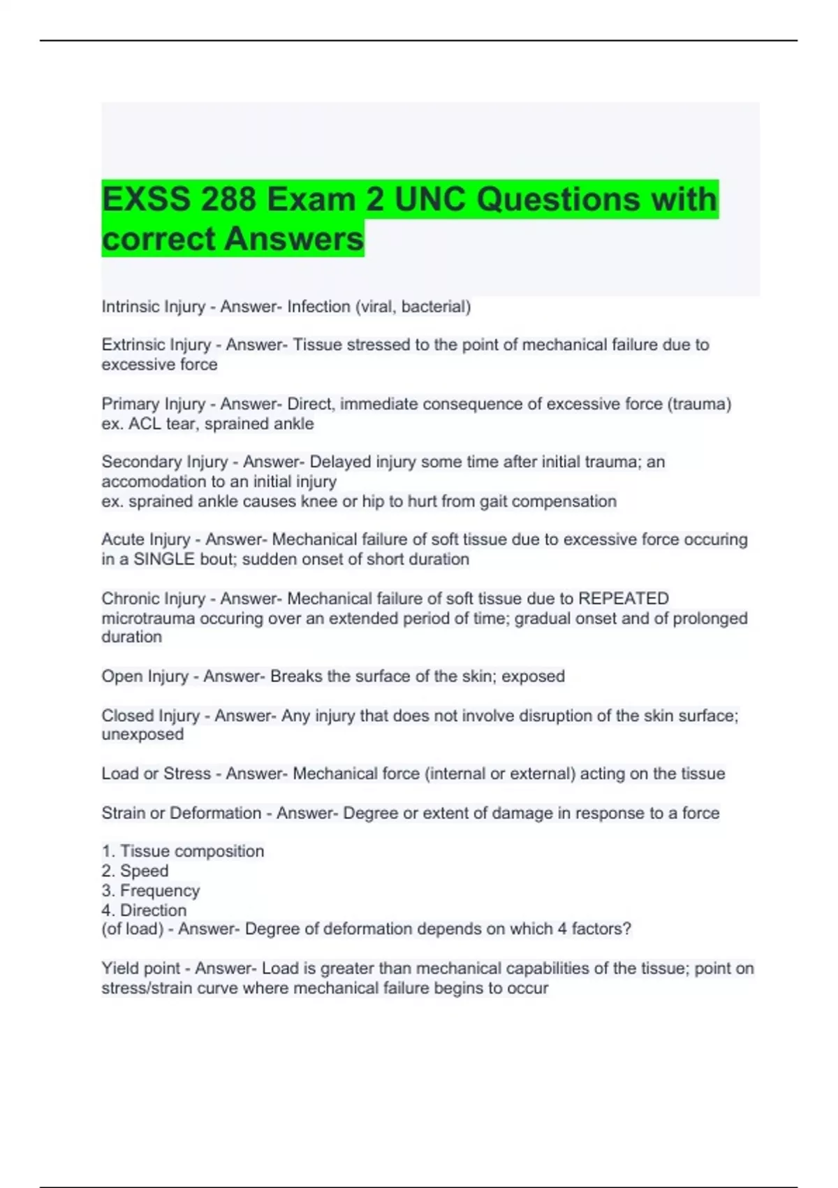 EXSS 288 Exam 2 UNC Questions with correct Answers - Exss 288 - Stuvia US