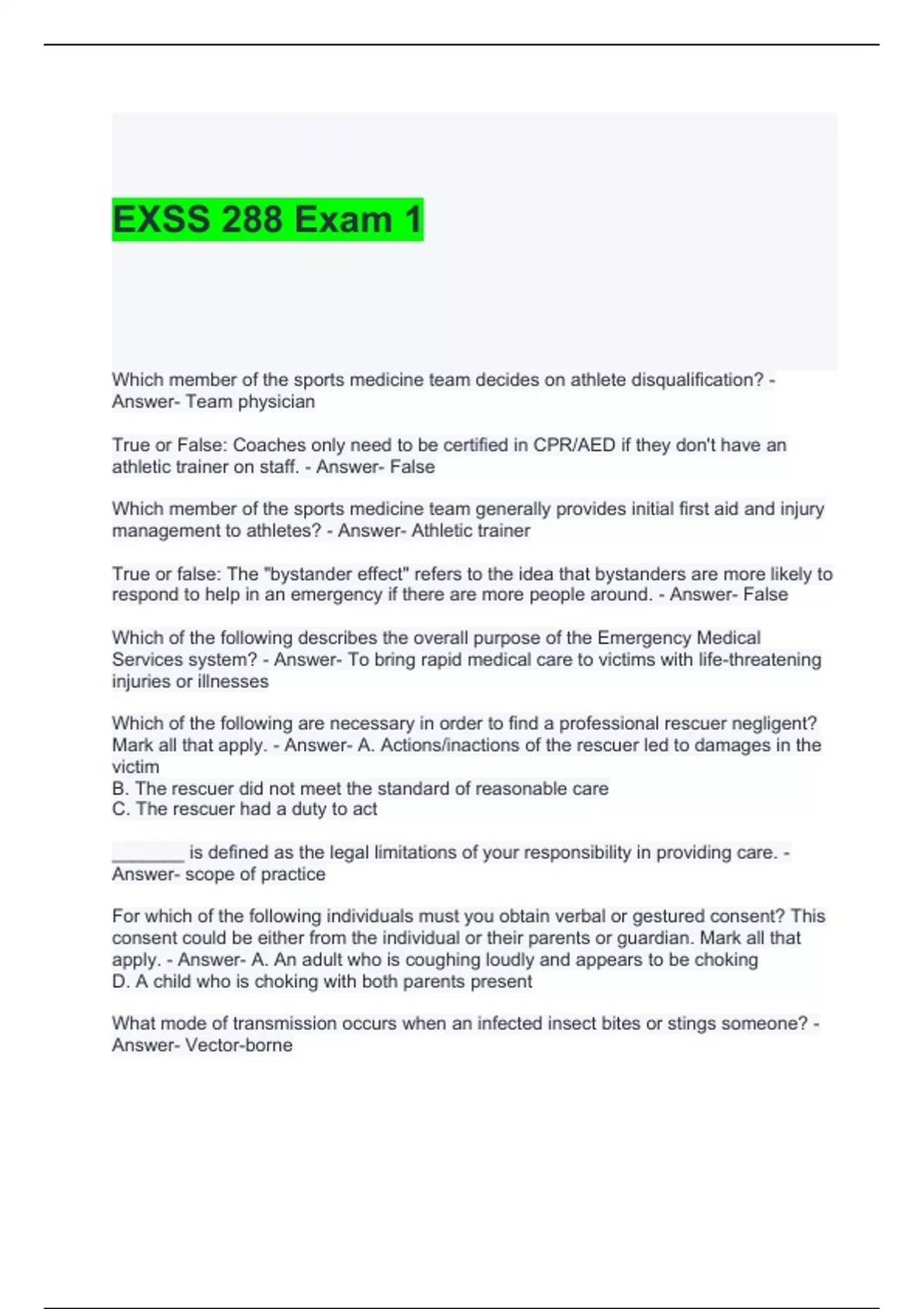 EXSS 288 Exam 1 with 100% correct Answers 2024 - Exss 288 - Stuvia US