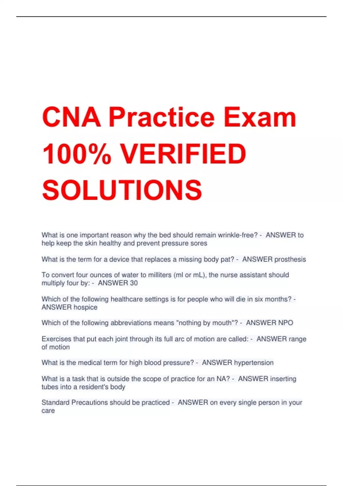 CNA Practice Exam 100% VERIFIED SOLUTIONS - CNA Practice - Stuvia US
