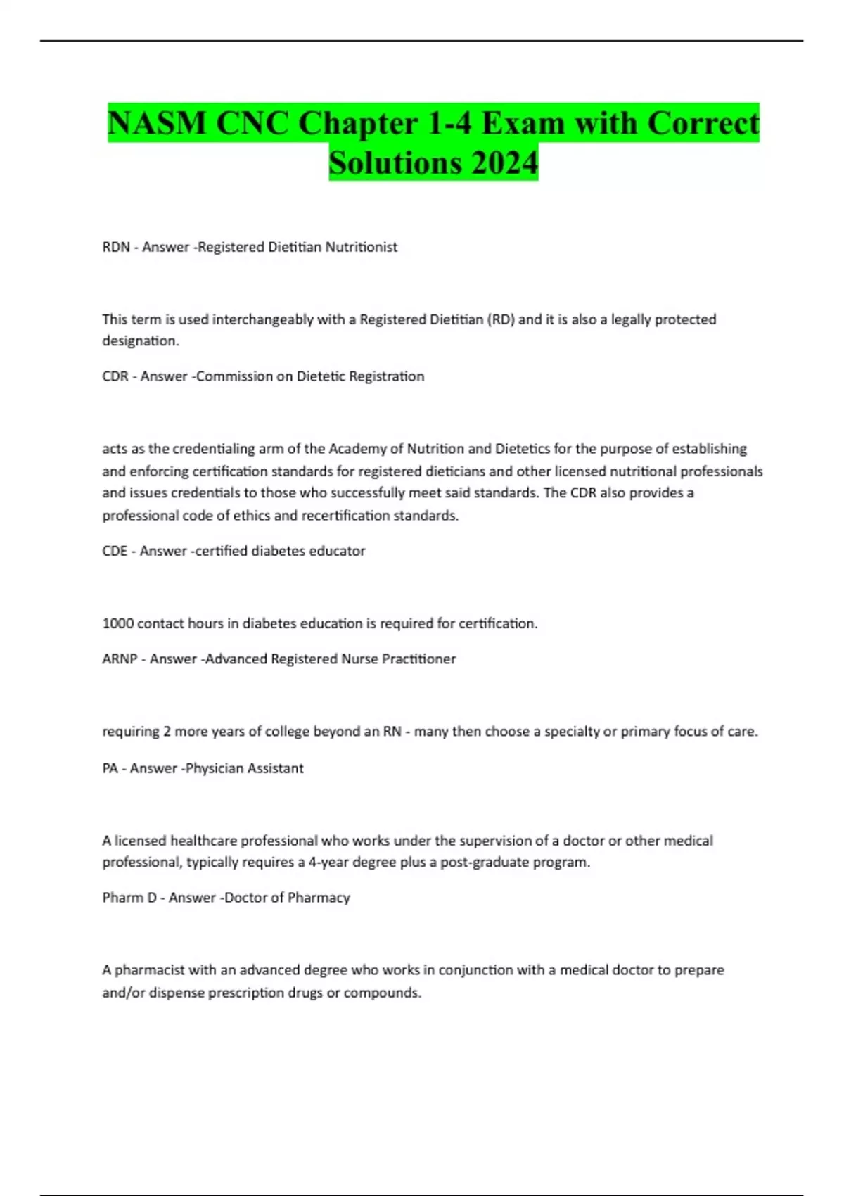 NASM CNC Chapter 1-4 Exam with Correct Solutions 2024 - NASM CNC ...