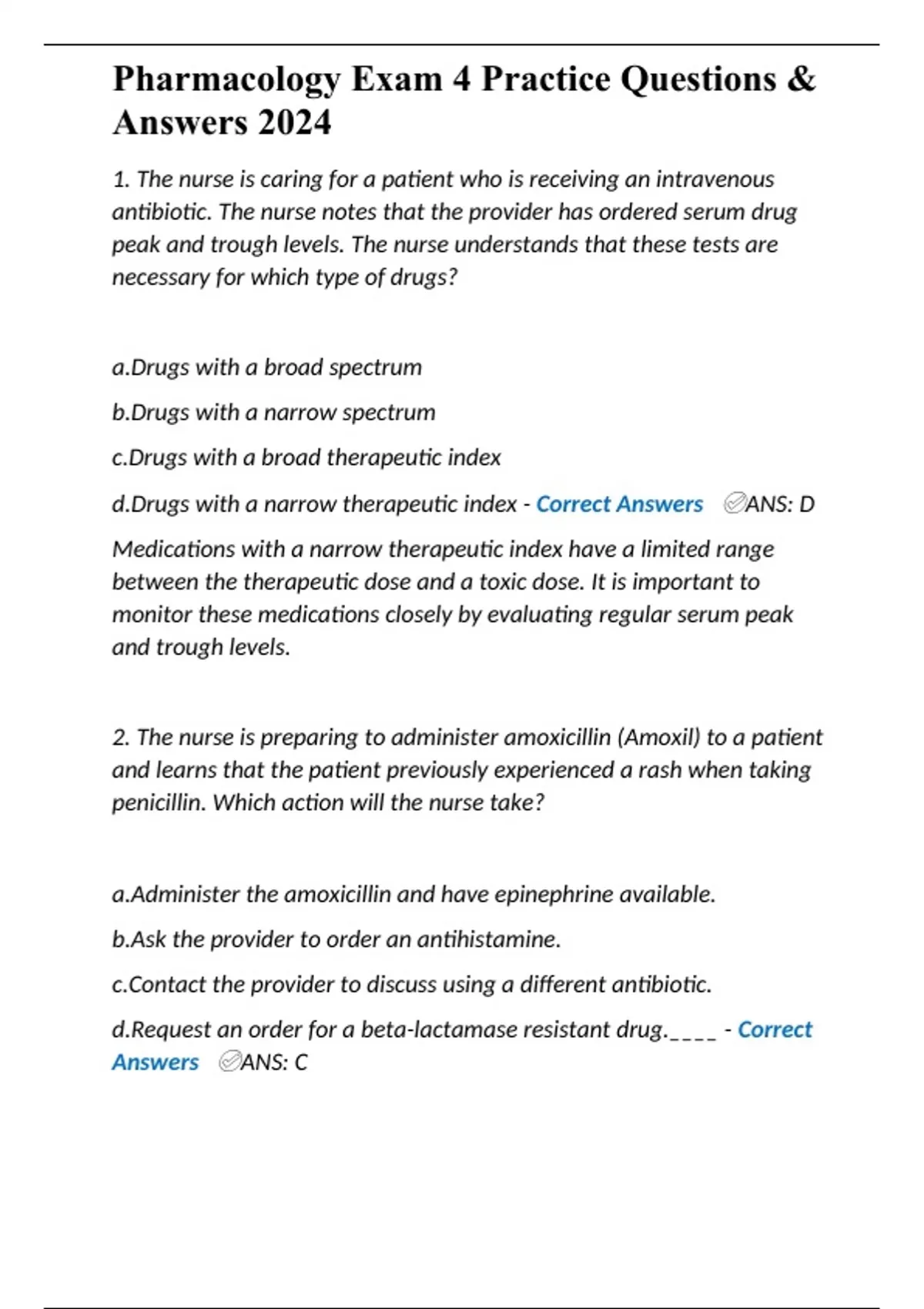 Pharmacology Exam 4 Practice Questions & Answers 2024 - Pharmacology Exa 4 Practice Questio ...