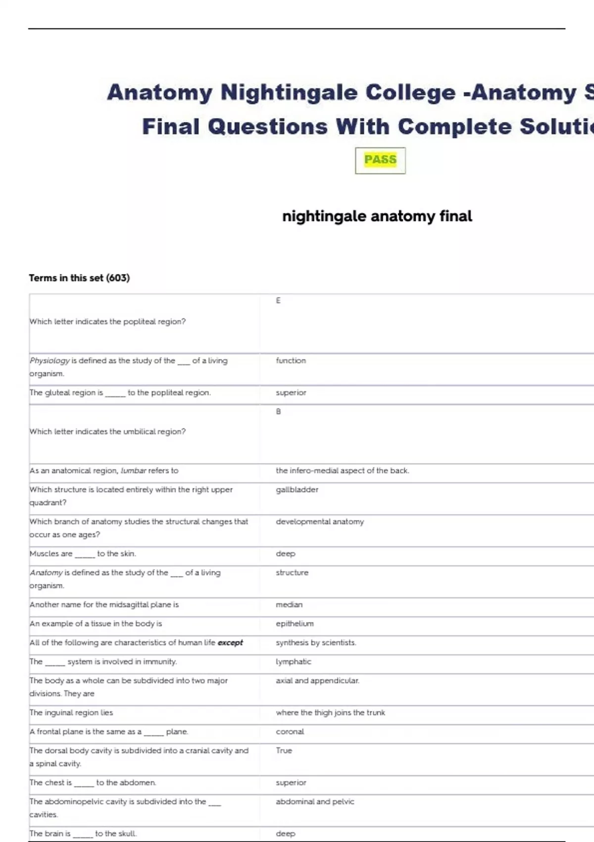 ANATOMY NIGHTINGALE COLLEGE –ANATOMY SCI220 FINAL QUESTIONS WITH COMPLETE SOLUTIONS - Anatomy ...