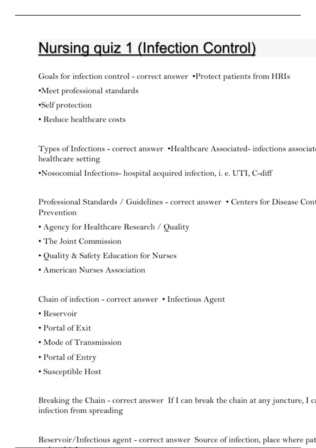 Nursing quiz 1 (Infection Control) Questions and answers latest update ...