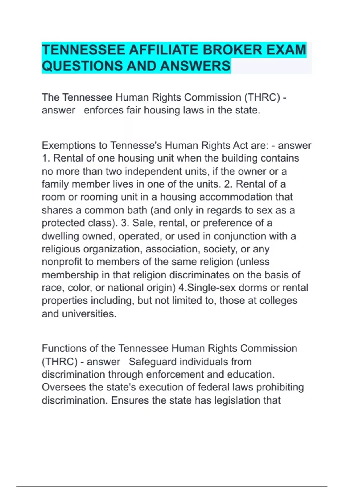 TENNESSEE AFFILIATE BROKER EXAM QUESTIONS AND ANSWERS - Affiliate Broker - Stuvia US