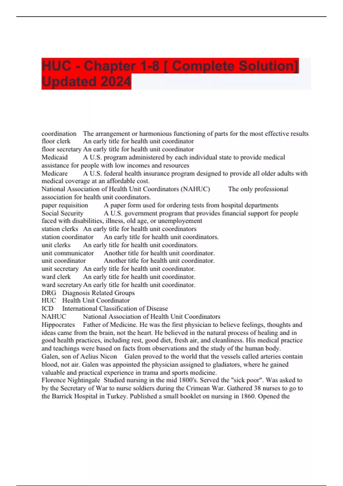 HUC - Chapter 1-8 [ Complete Solution] Updated 2024 - HUC - Stuvia US