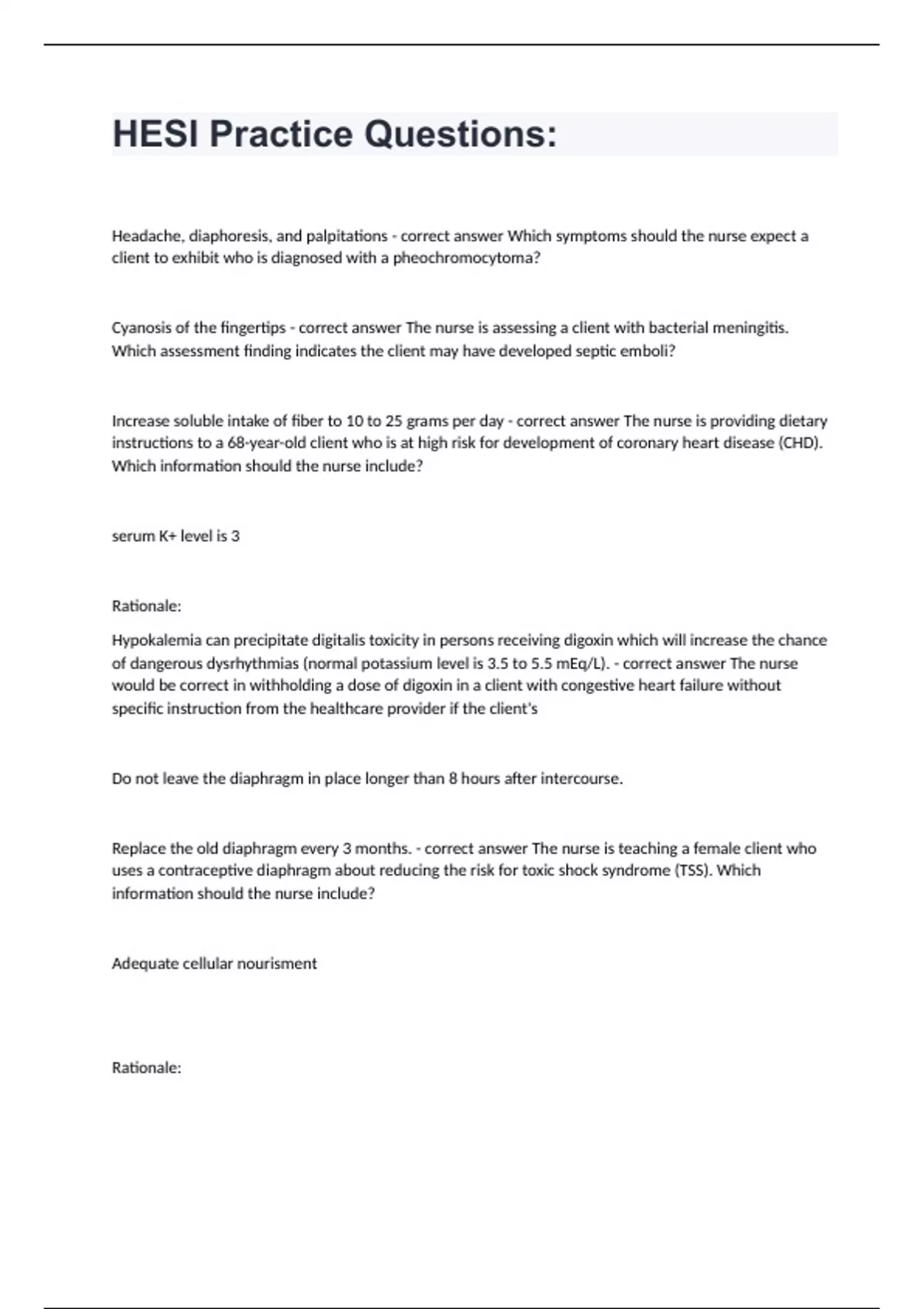 HESI Practice Questions:with correct answers 2024 - HESI NURSING ...