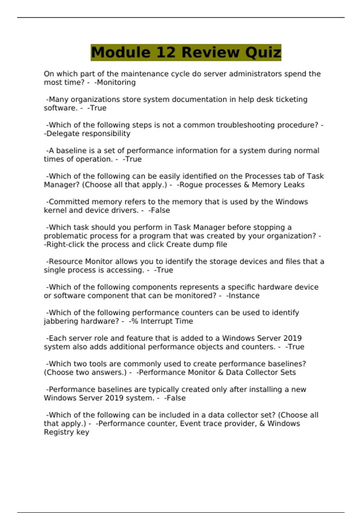 Module 12 Review Quiz - Module 12 - Stuvia US