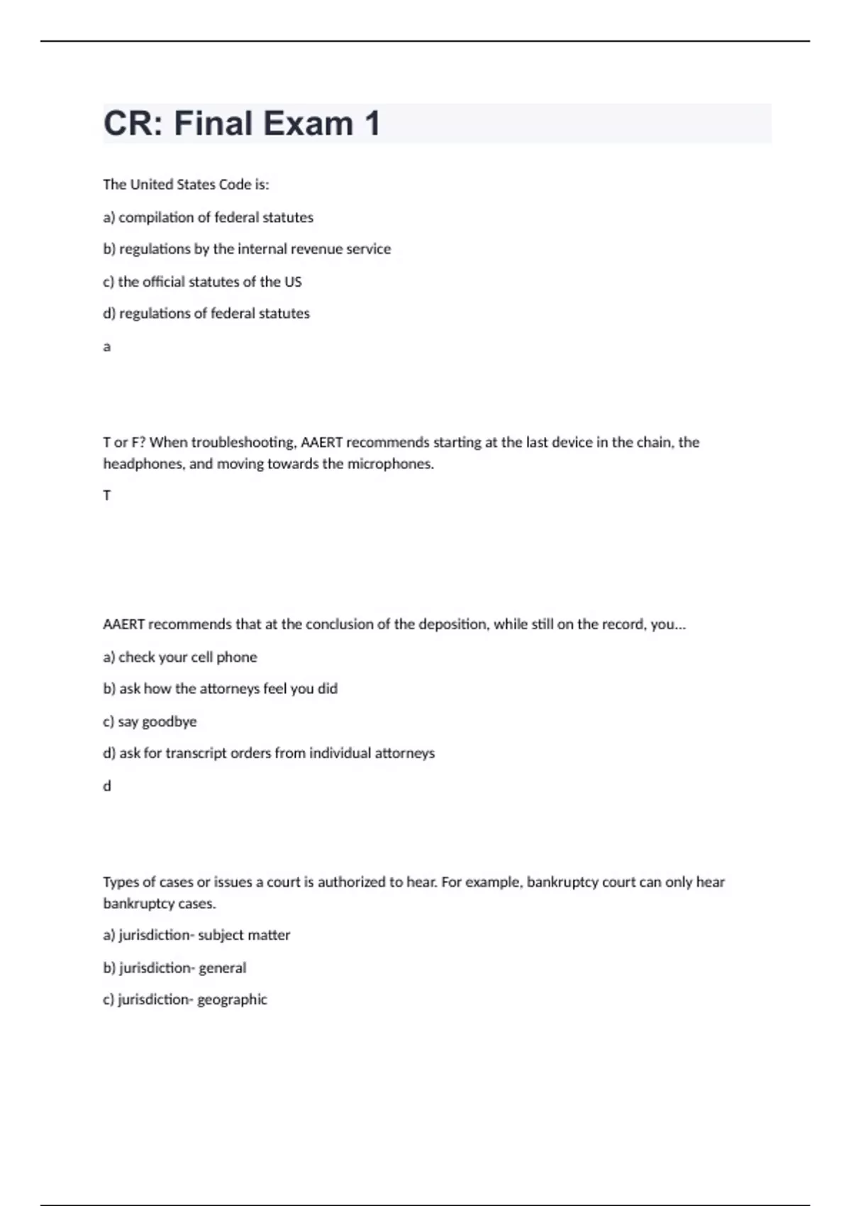 CR Final Exam 1 Questions with complete solution 2024 - AAERT - Stuvia US