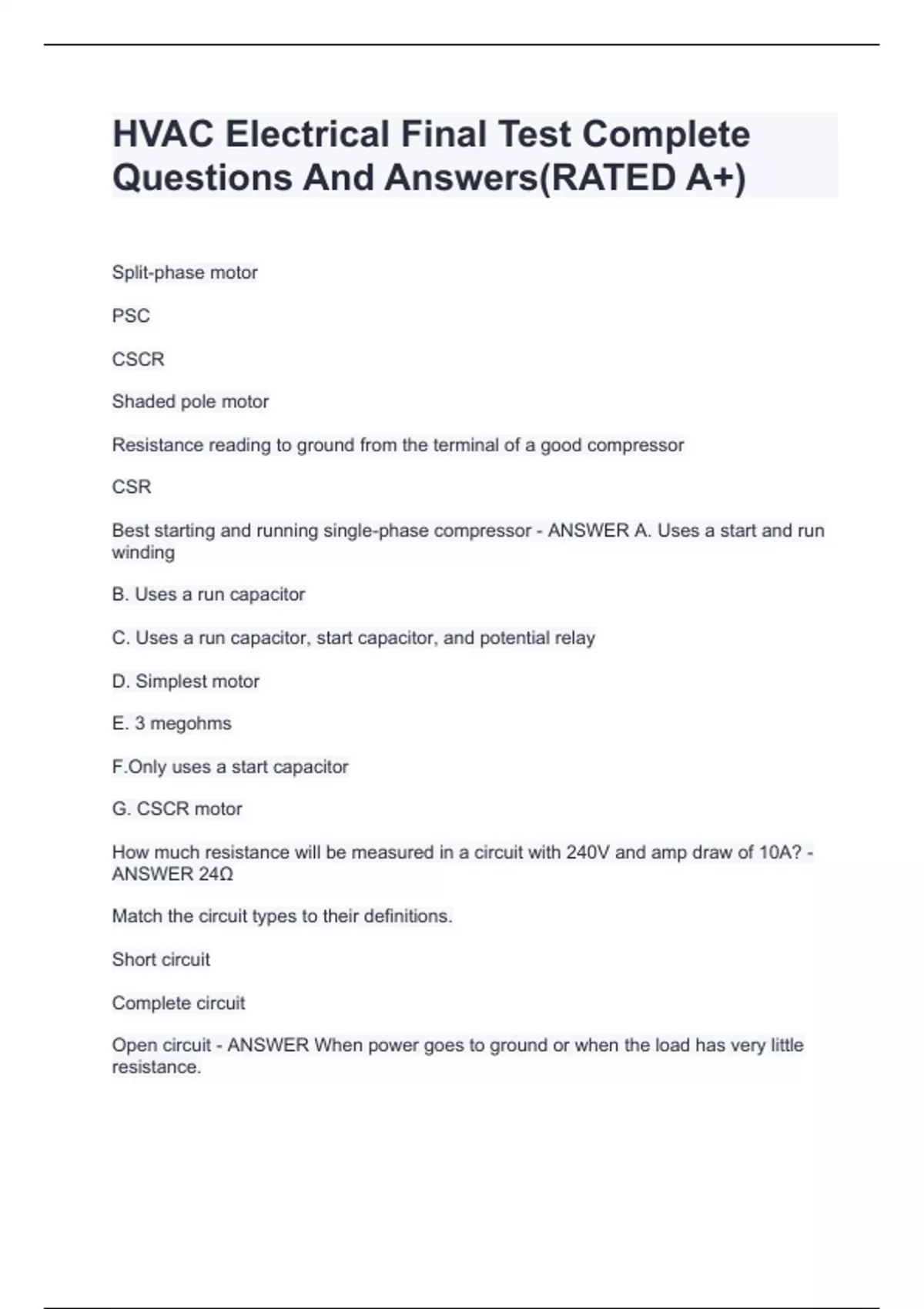 HVAC Electrical Final Test Complete Questions And Answers(RATED A+ ...