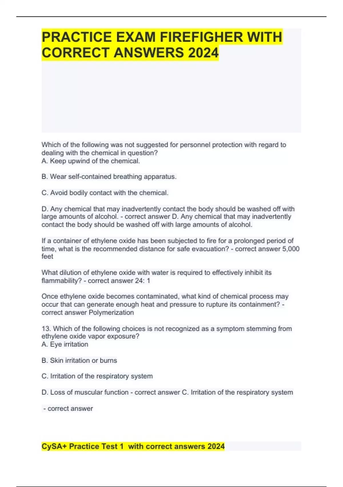 PRACTICE EXAM FIREFIGHER WITH CORRECT ANSWERS 2024 - Fndy - Stuvia US