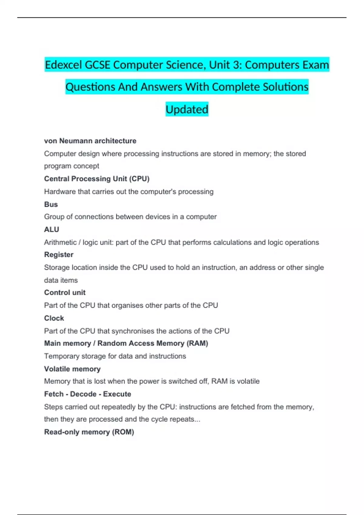 Edexcel GCSE Computer Science, Unit 3: Computers Exam Questions And Answers With Complete ...