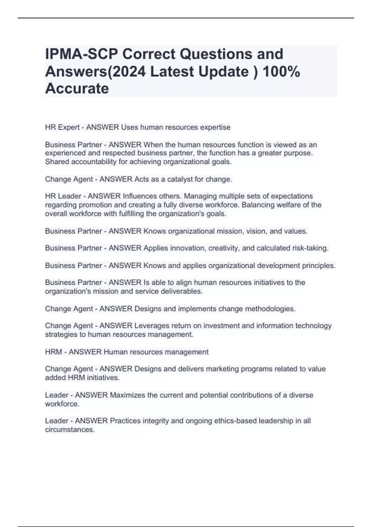 IPMA-SCP Correct Questions and Answers(2024 Latest Update ) 100% ...