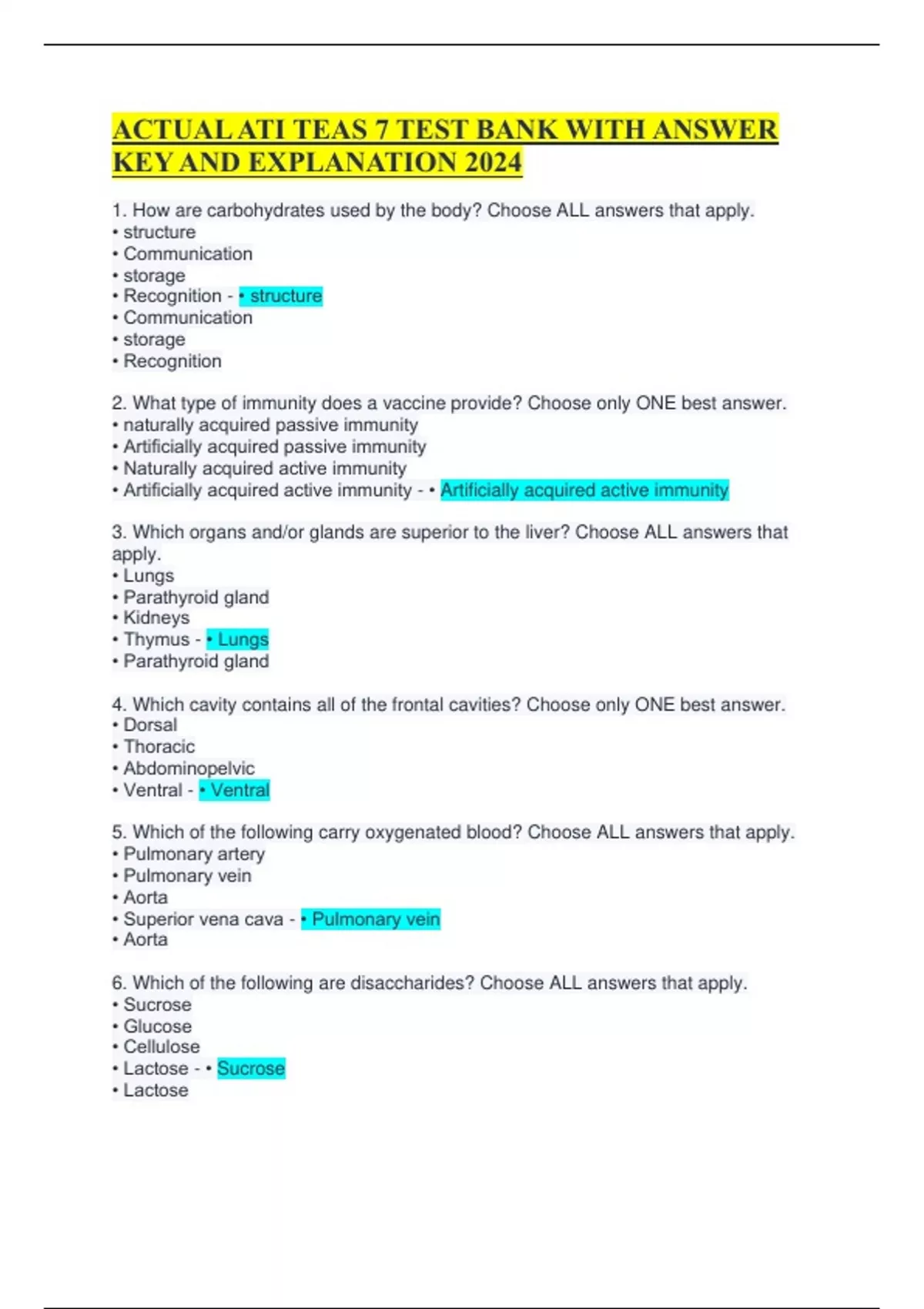 ACTUAL ATI TEAS 7 TEST BANK WITH ANSWER KEY AND EXPLANATION 2024.pdf ...