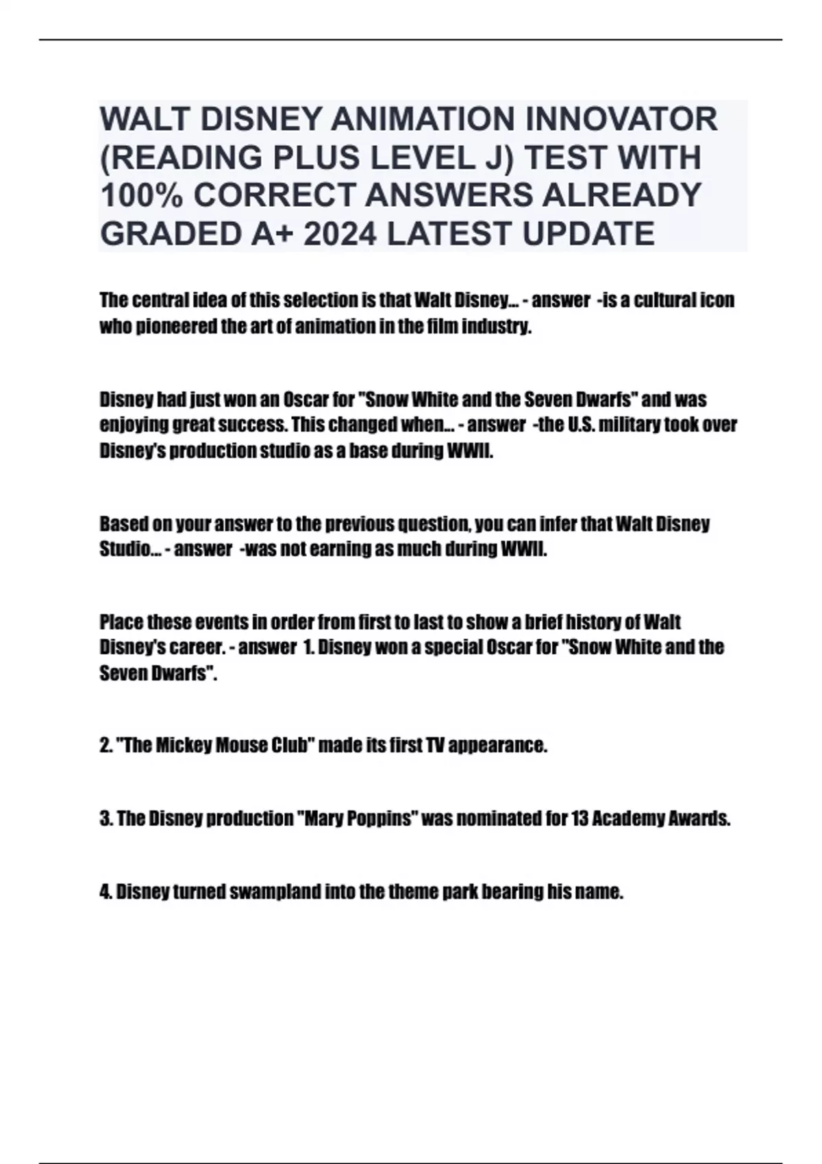 WALT DISNEY ANIMATION INNOVATOR (READING PLUS LEVEL J) TEST WITH 100% ...