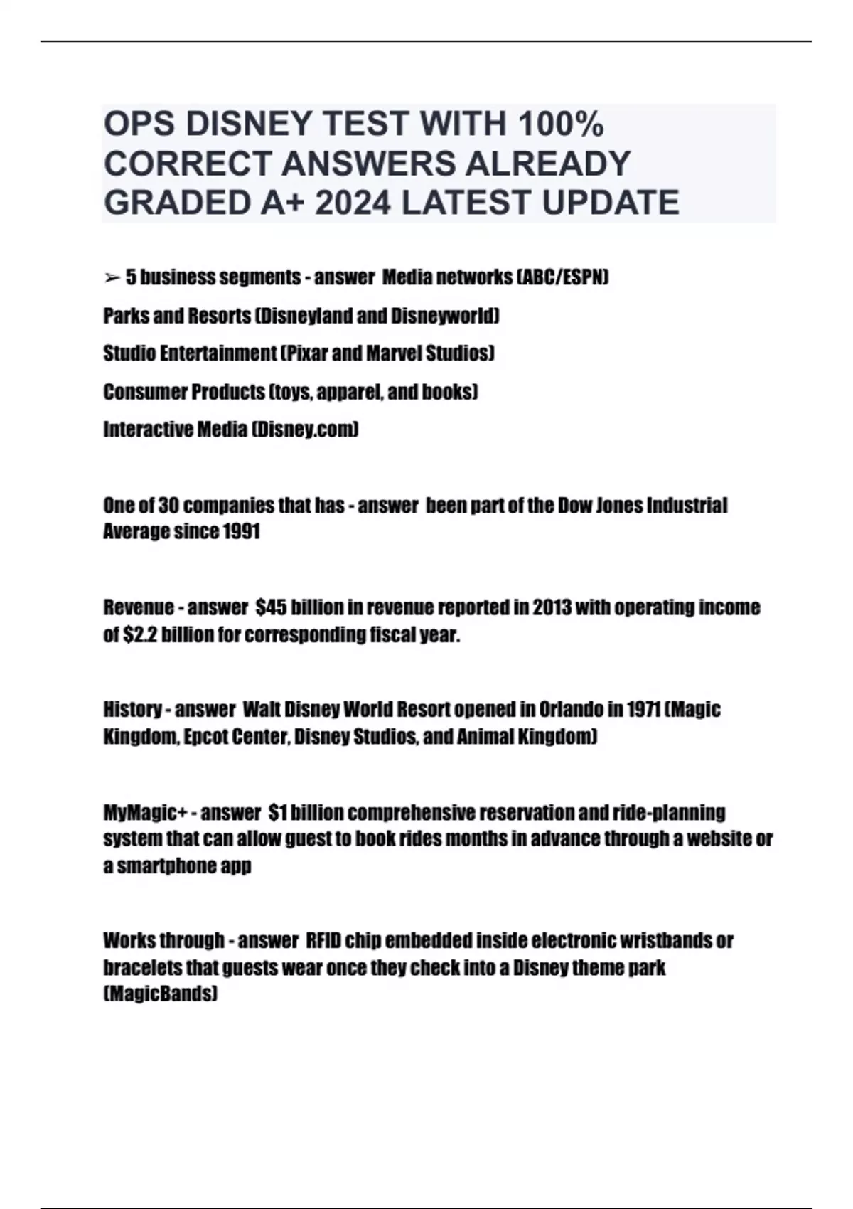 OPS DISNEY TEST WITH 100% CORRECT ANSWERS ALREADY GRADED A+ 2024 LATEST ...