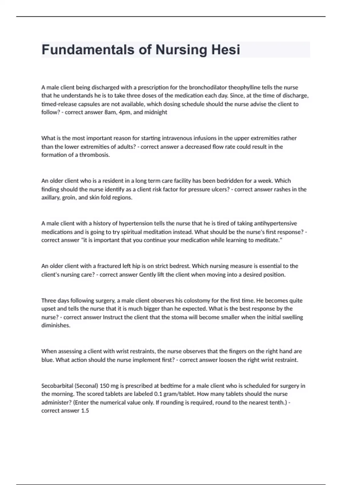 Fundamentals of Nursing Hesi questions with answers 2024 - HESI NURSING ...