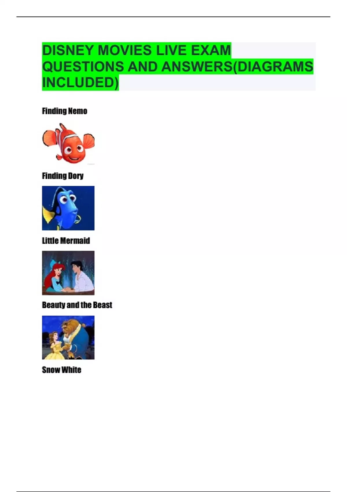DISNEY MOVIES LIVE EXAM QUESTIONS AND ANSWERS(DIAGRAMS INCLUDED ...