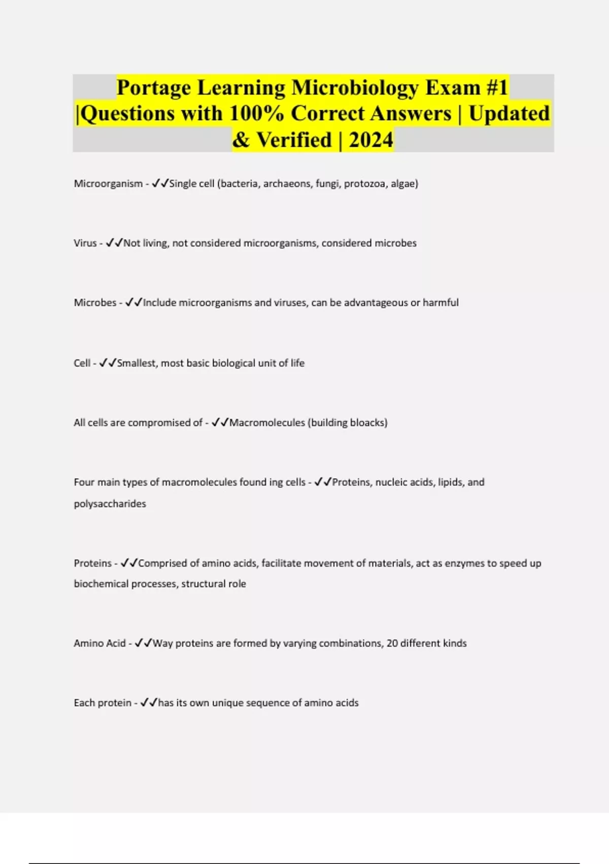 Portage Learning Microbiology Exam #1 |Questions with 100% Correct ...