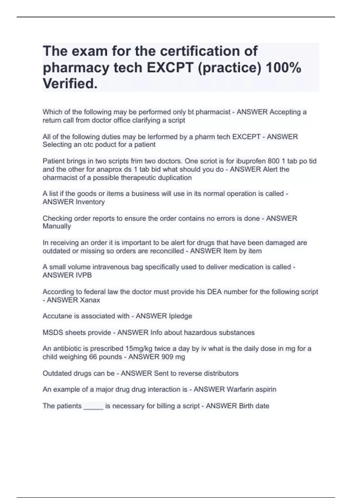 The exam for the certification of pharmacy tech EXCPT (practice) 100% ...