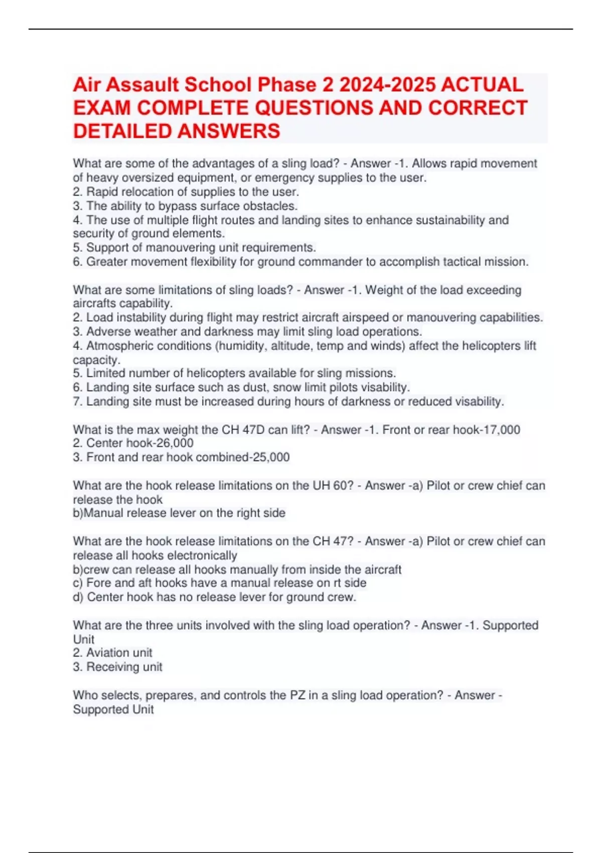 Air Assault School Phase ACTUAL EXAM COMPLETE QUESTIONS AND CORRECT ...