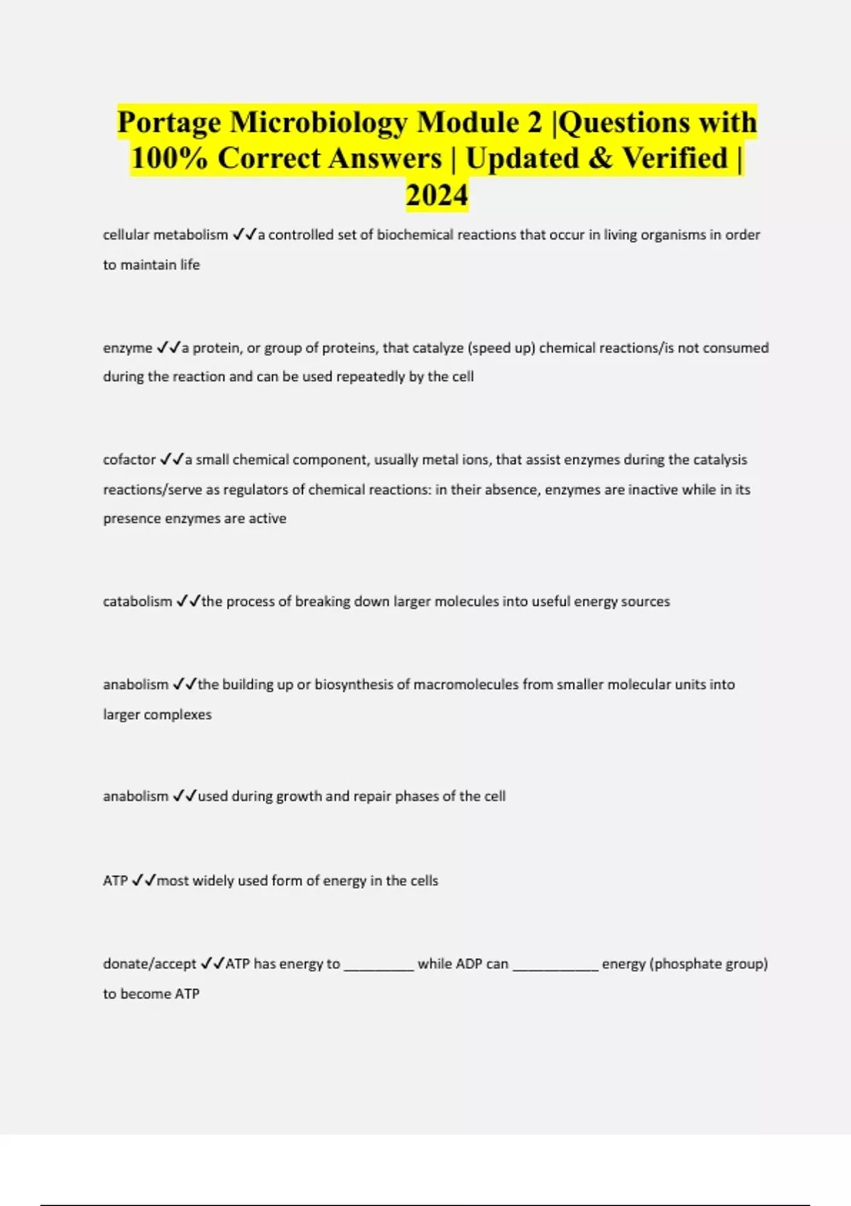 Portage Microbiology Module 2 |Questions with 100% Correct Answers ...