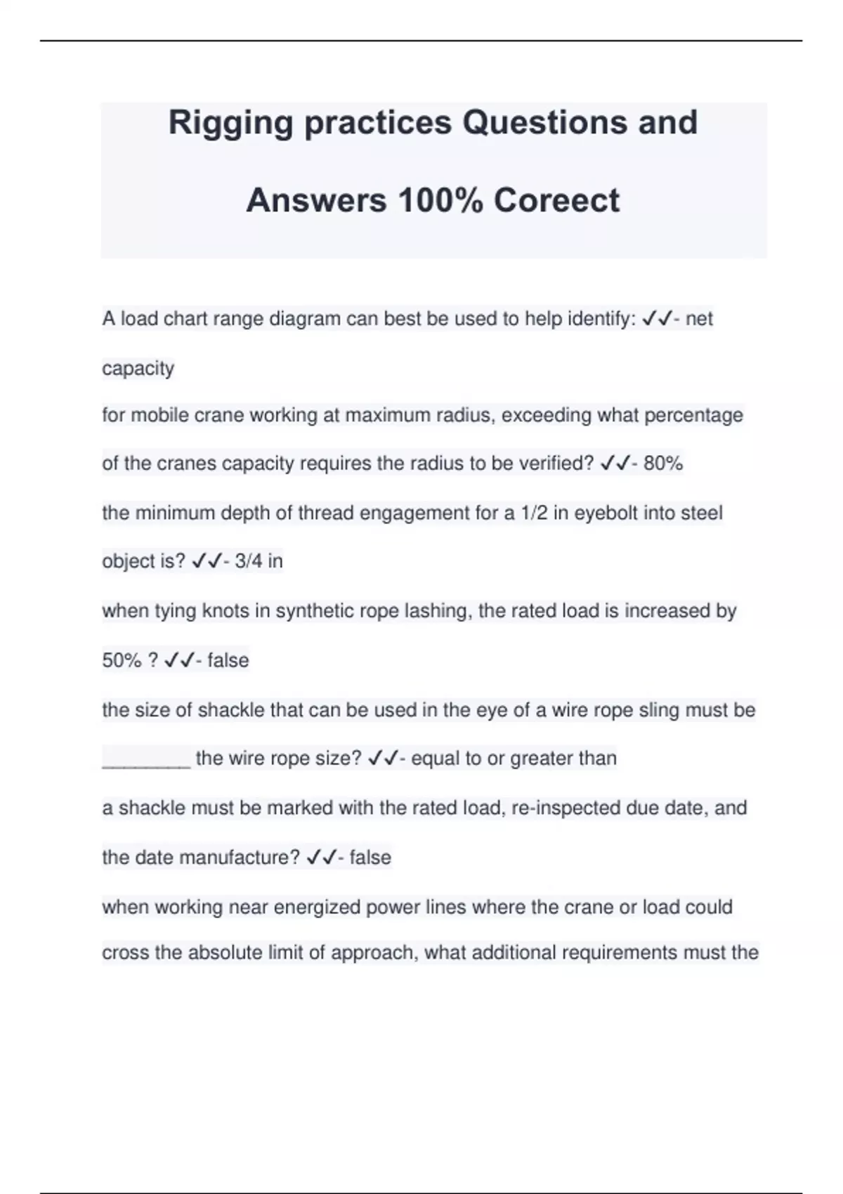 Rigging practices Questions and Answers 100% Correct - Rigging ...