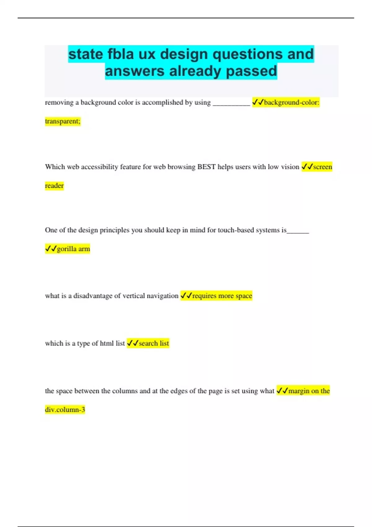 state fbla ux design questions and answers already passed - State fbla ux design - Stuvia US