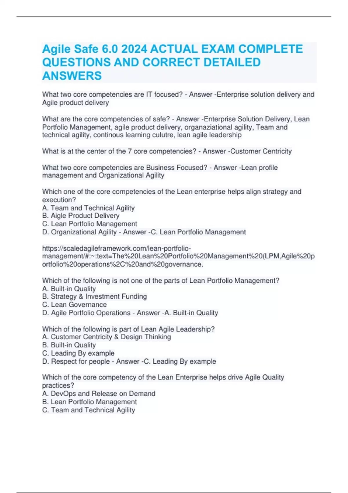 Agile Safe 6 0 2024 Actual Exam Complete Questions And Correct Detailed Answers Agile Safe 6 0