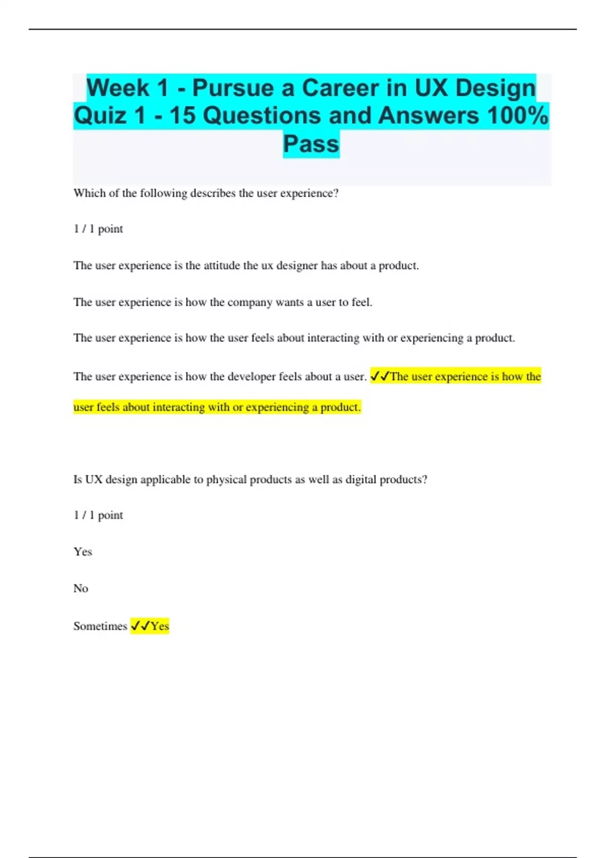 Week 1 - Pursue a Career in UX Design Quiz 1 - 15 Questions and Answers ...