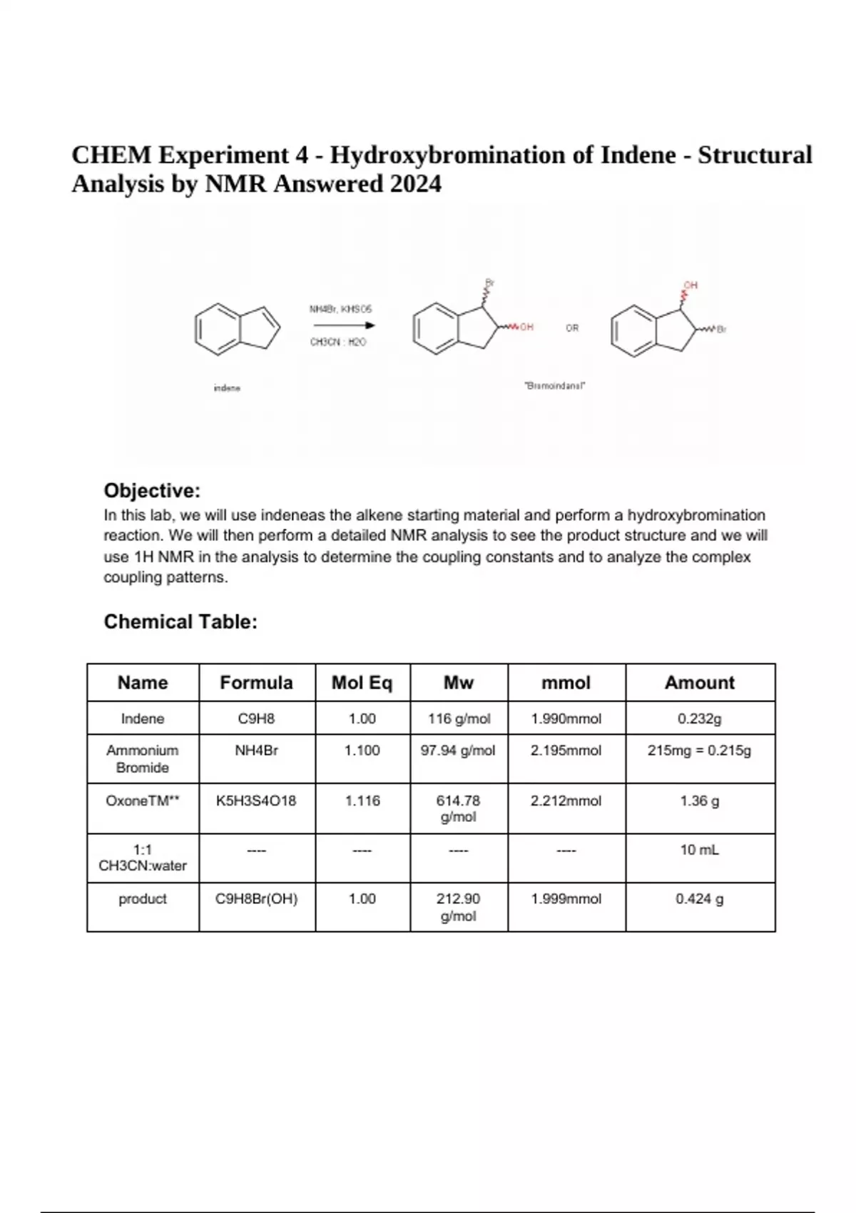 CHEM Experiment 4 - Hydroxybromination of Indene - Structural Analysis by NMR Answered 2024 ...