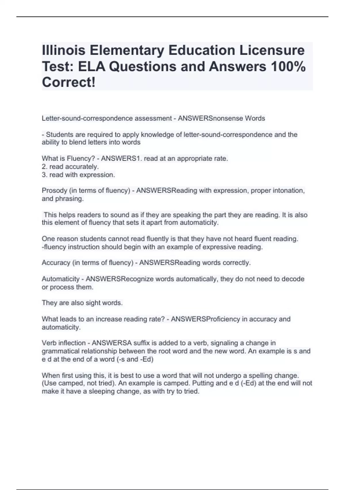 Illinois Elementary Education Licensure Test: ELA Questions and Answers ...