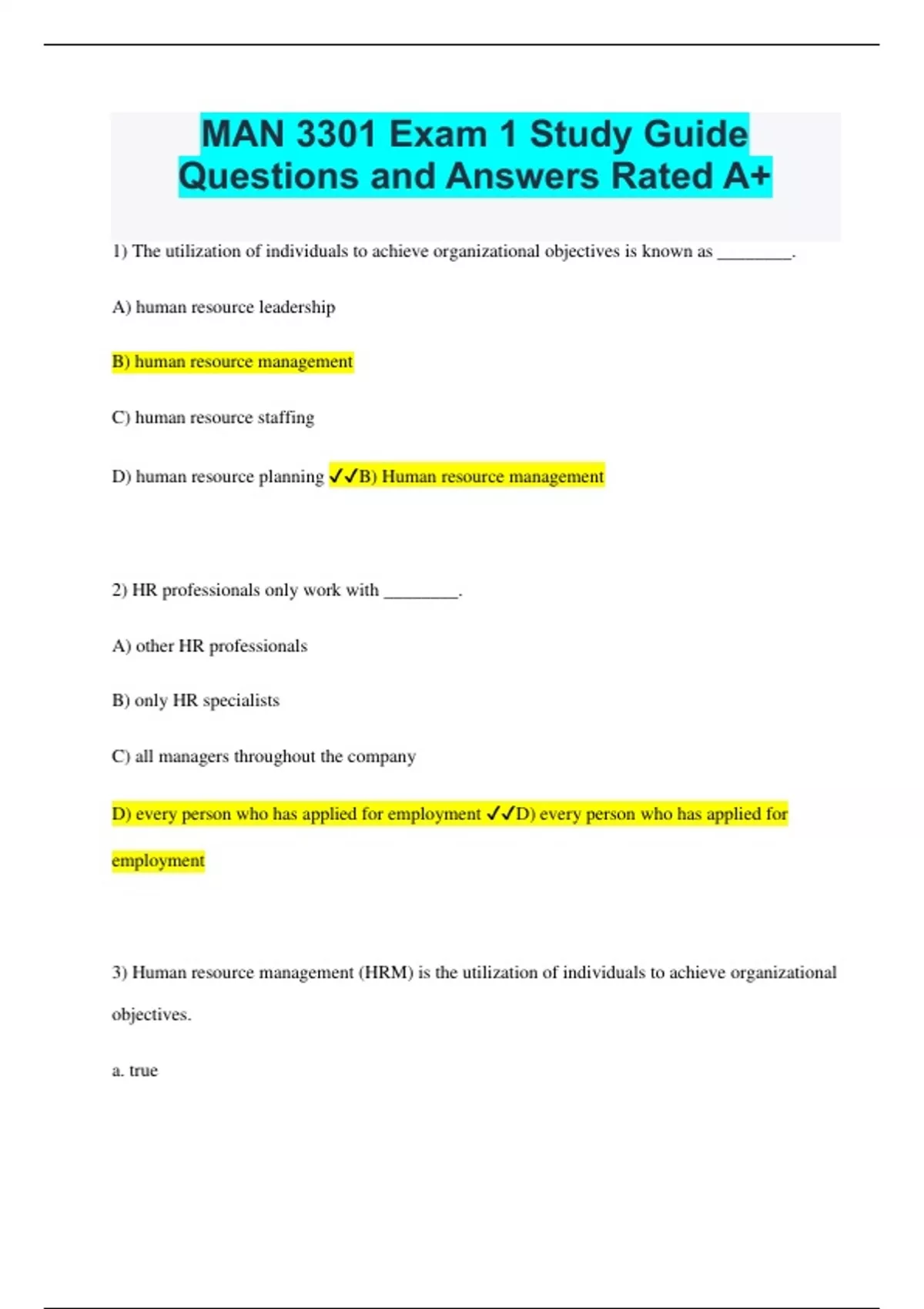 MAN 3301 Exam 1 Study Guide Questions and Answers Rated A+ - MAN 3301 ...