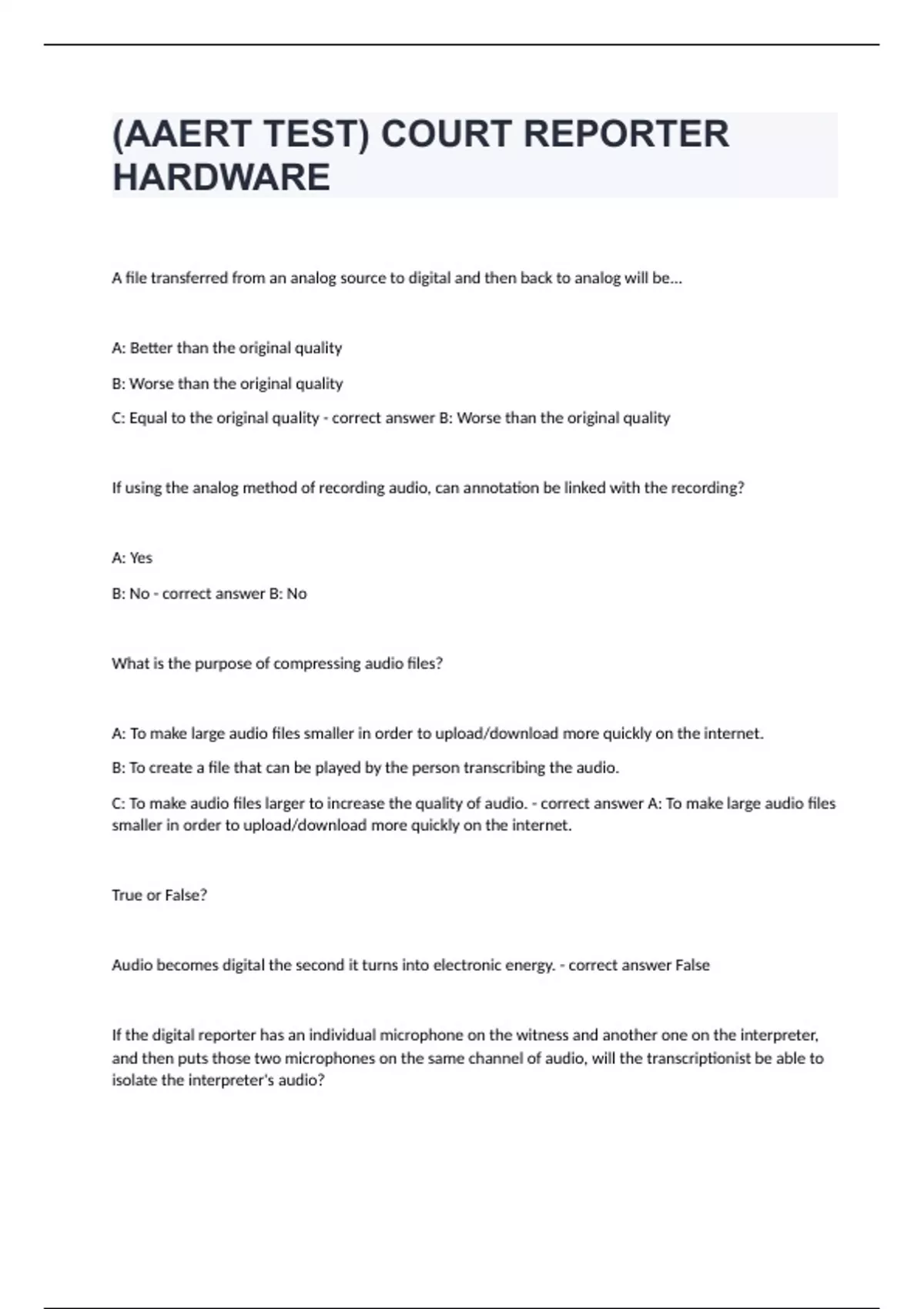 (AAERT TEST) COURT REPORTER HARDWARE Question and answers correctly ...