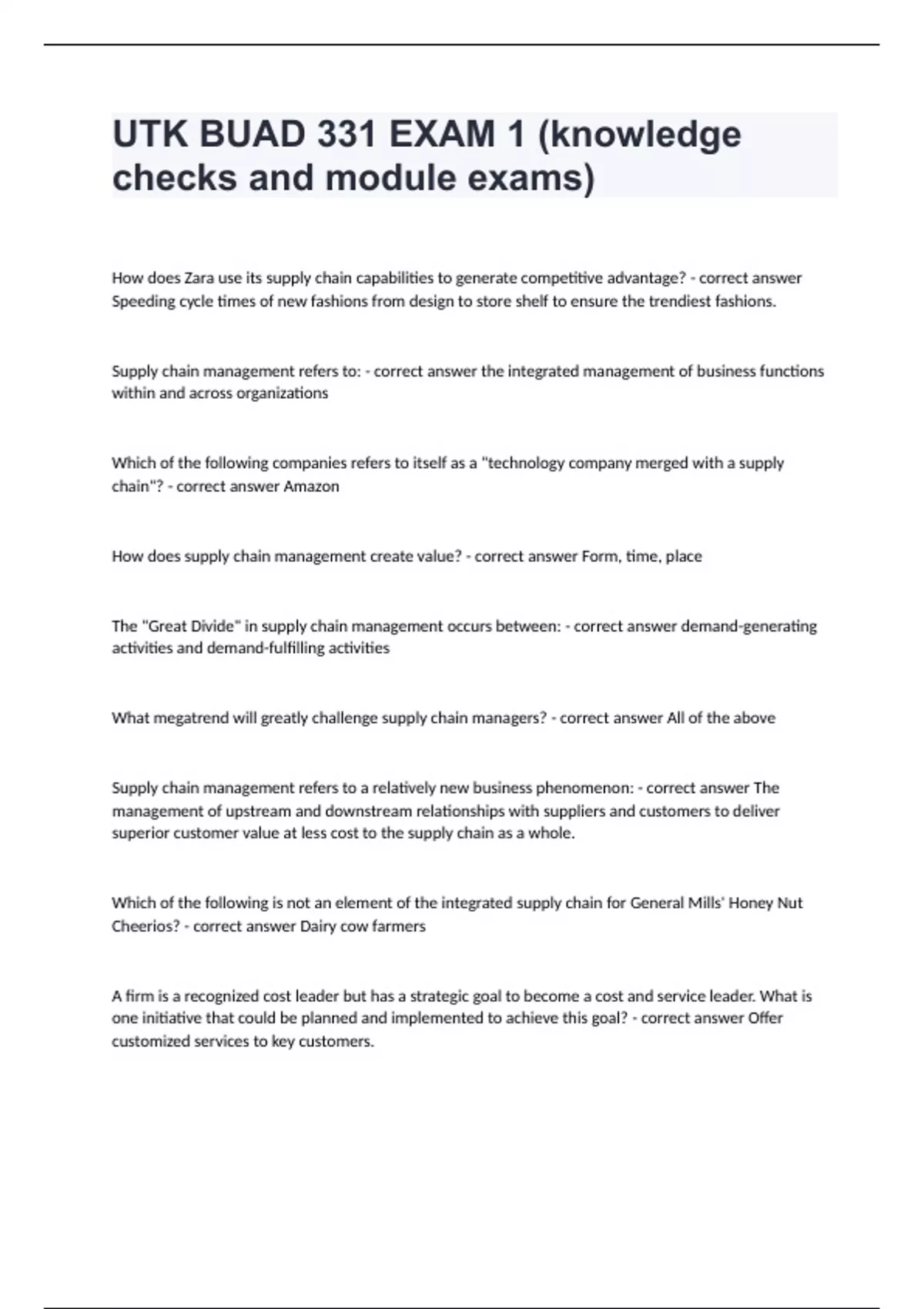 UTK BUAD 331 EXAM 1 (knowledge checks and module exams) with 100% correct answers 2024 - BUAD ...