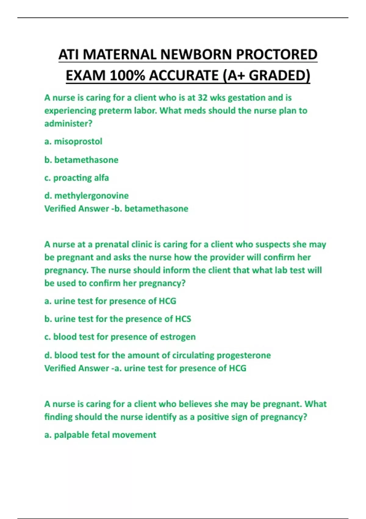 ATI MATERNAL NEWBORN PROCTORED EXAM 100% ACCURATE (A+ GRADED) - ATI ...