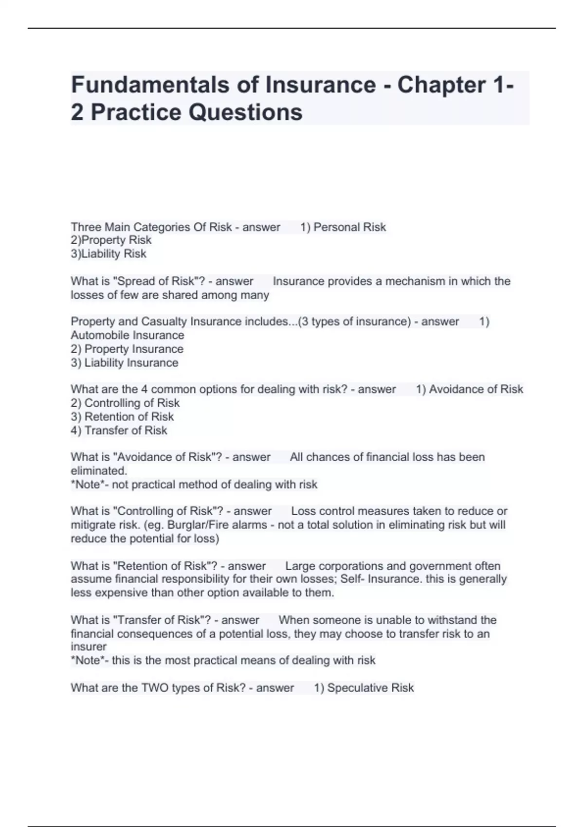 Fundamentals of Insurance - Chapter 1- 2 Practice Questions and Answers 100% correct ...